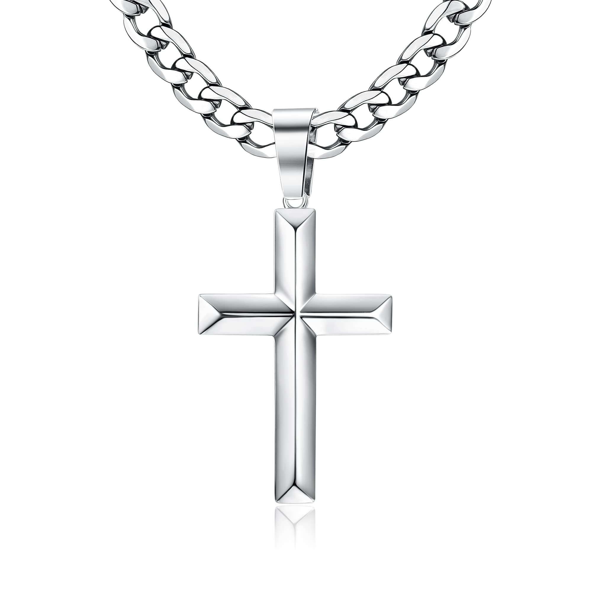 Fansilver 925 Sterling Silver Cross Pendant Necklace Diamond-Cut Cuban Link Chain Necklace Highly Polished Beveled Edge Cross Chain Necklace Silver Cross Necklace for Men Women 24 Inches