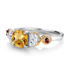 Gem Stone King 925 Silver and 10K Yellow Gold Cushion Citrine and Half Moon Moissanite 3-Stone Engagement Ring For Women (1.62 Cttw, Gemstone Birthstone, Available In Size 5, 6, 7, 8, 9)