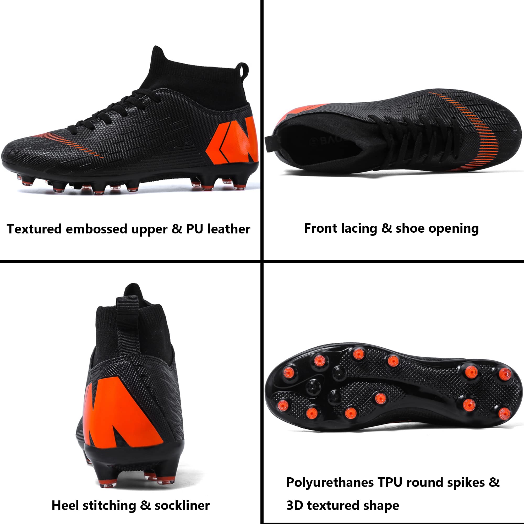 Unisex-Adult Firm Ground Soccer Cleats Football Shoes with High-Top Lace-Up Ankle-Cuff Lightweight Softball Sneaker Black EU 41 US 8