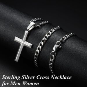 Fansilver 925 Sterling Silver Cross Pendant Necklace Diamond-Cut Cuban Link Chain Necklace Highly Polished Beveled Edge Cross Chain Necklace Silver Cross Necklace for Men Women 24 Inches