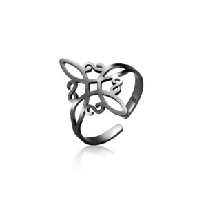 witches knot ring for women stainless steel geometric style elegante chic irish celtic knot adjustable ring witchcraft amulet jewelry (black)