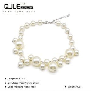 QJLE Stainless Steel Simulated Pearl Necklace for Women, 16.5+2'' Choker, High Lustre Round Beads, Silver Theme, Costume Jewelry Gift for Teen Girls