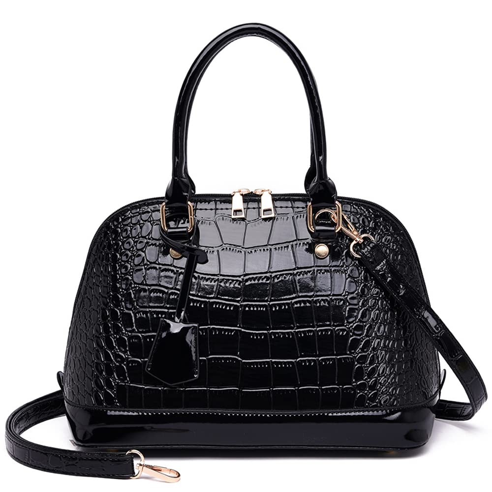 Dayfine Classic Dome Satchel Bags for Women Crocodile Pattern Faux Leather Crossbody Bags Top Handle Handbags Zipper Purse-Black