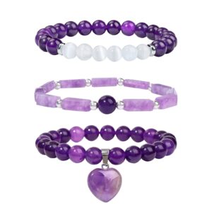 vinswet healing crystal beaded bracelets for women,natural amethyst moonstone gemstones bracelet,anxiety stress relief heart charm bracelet handmade purple jewelry gifts for women