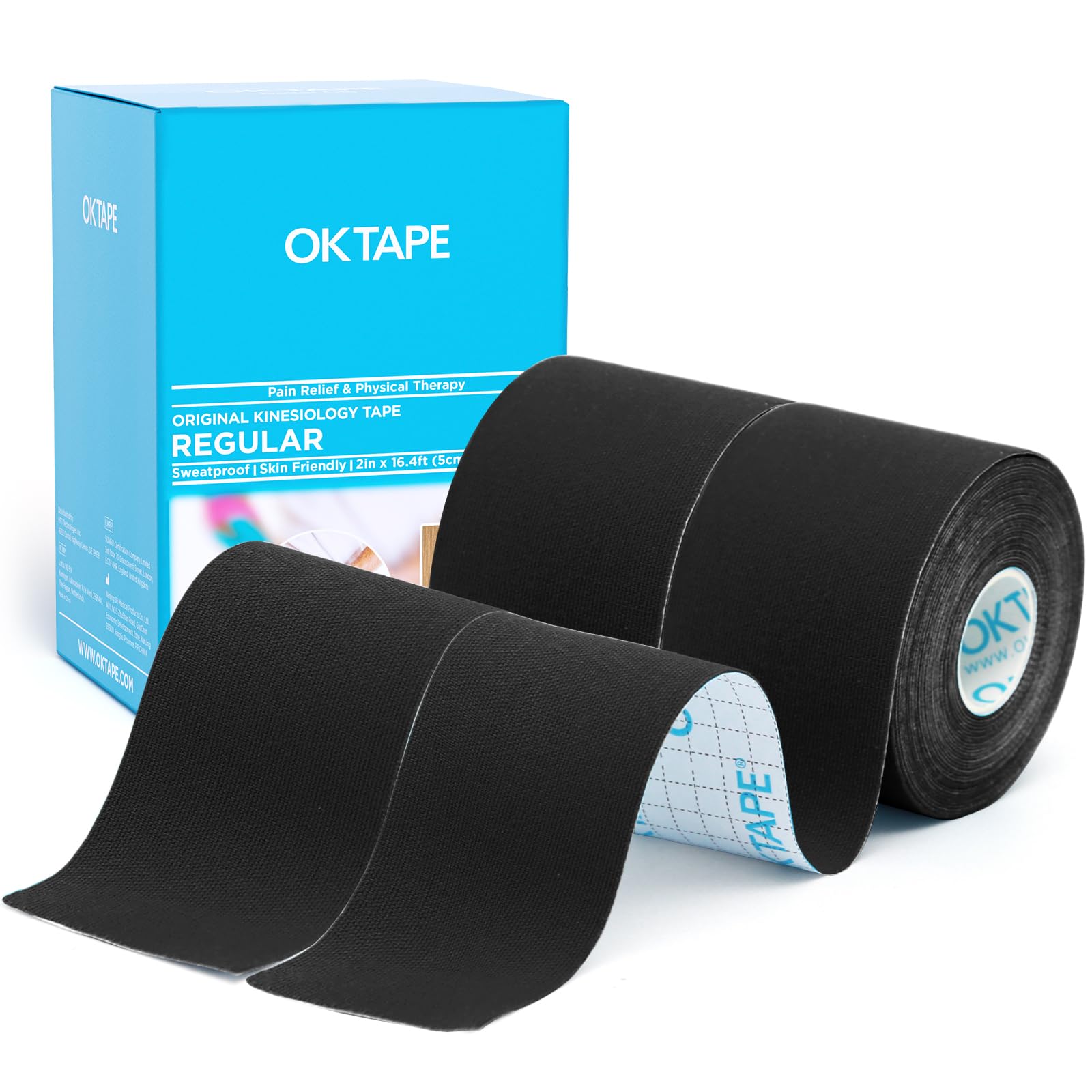 OK TAPE Basic Original Cotton Kinesiology Tape (2 Pack), Elastic Water Resistant Therapeutic Athletic Tape, Latex Free, Pain Relief, Injury Recovery, Uncut K Tape 2in×16.4ft - Black