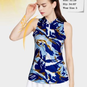 CQC Women's Sleeveless Golf Shirts Quick Dry Floral Athletic Polo with Collar Zip Up Lightweight Tennis Tank Tops Blue Camo XXL