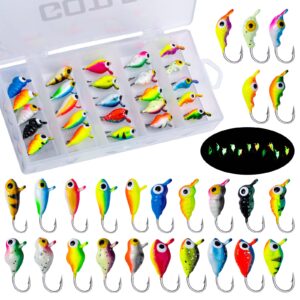 goture ice fishing jigs tungsten kit with carbon steel hooks in tackle box, winter ice fishing lures for bass, pike, trout, walleye, crappie, panfish