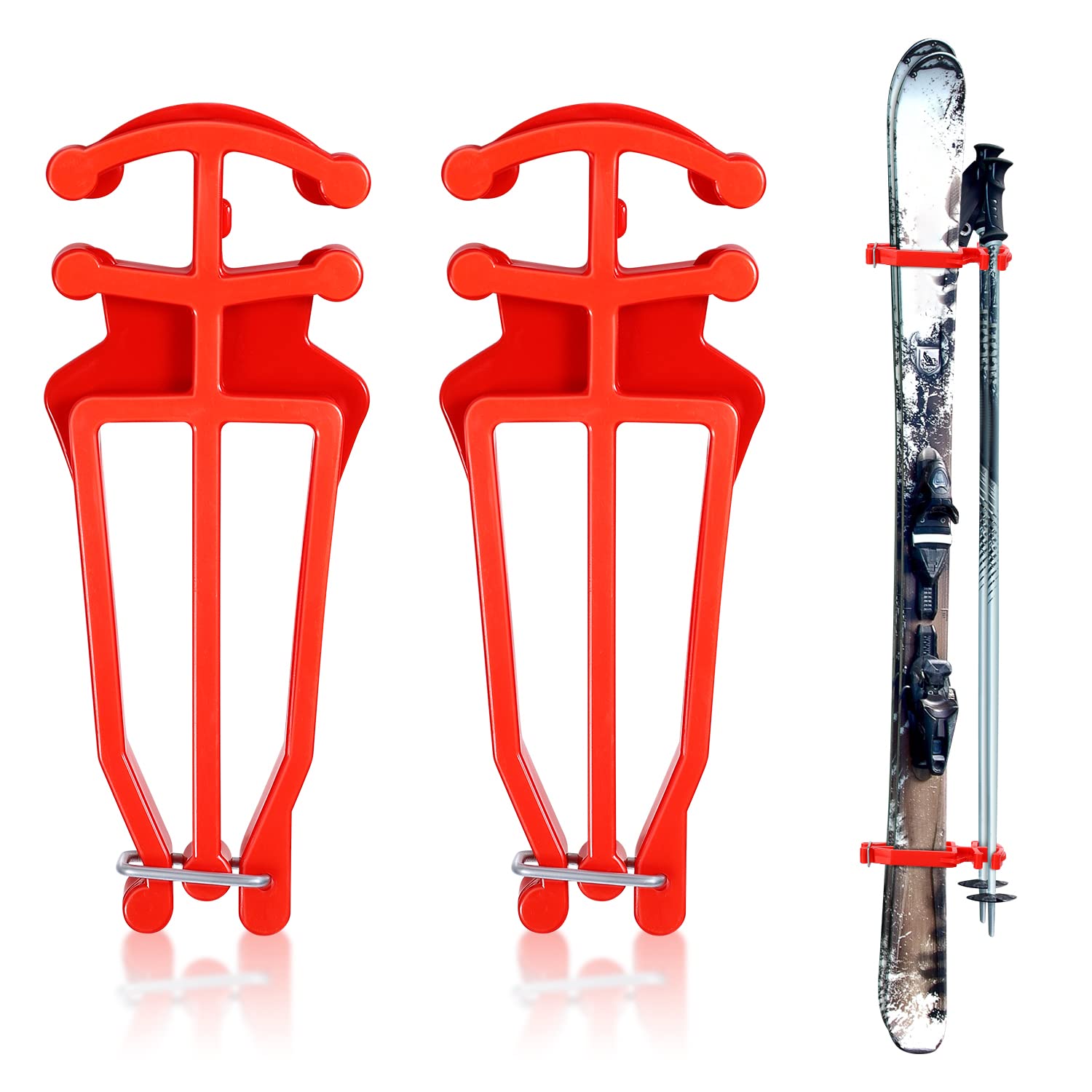 BOXOB Cross Country Skis and Poles Holder, Universal Ski Pole Clips Holder Ski Pole Carrier Ski Accessories, 1 Pair, Red