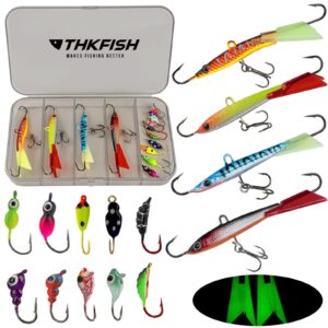 thkfish ice fishing jigs panfish ice fishing lures kits ice fishing gear kit 14pcs luminous ice fishing color d