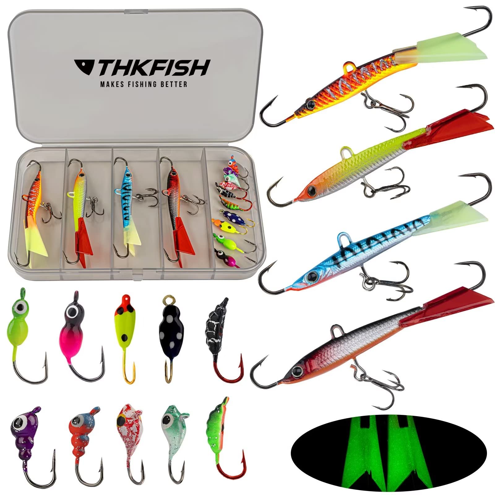 THKFISH Ice Fishing Jigs Panfish Ice Fishing Lures Kits Ice Fishing Gear Kit 14pcs Luminous Ice Fishing Color D