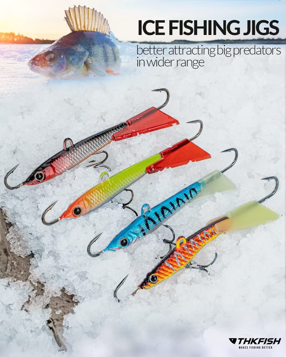 THKFISH Ice Fishing Jigs Panfish Ice Fishing Lures Kits Ice Fishing Gear Kit 14pcs Luminous Ice Fishing Color D