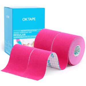 ok tape regular original cotton kinesiology tape (2 pack), elastic water resistant therapeutic athletic tape, latex free, pain relief, injury recovery, uncut k tape 2in×16.4ft - pink