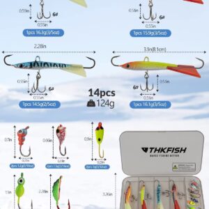 THKFISH Ice Fishing Jigs Panfish Ice Fishing Lures Kits Ice Fishing Gear Kit 14pcs Luminous Ice Fishing Color D