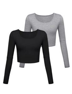 kindcall lightweight yoga crop tops slim fit long sleeve workout shirts for women 2 pack (black heather grey pack, small)