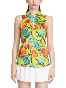 cqc women's sleeveless golf shirts quick dry floral athletic polo with collar zip up lightweight tennis tank tops tropical coquette m