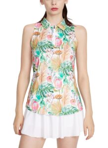 cqc women's sleeveless golf shirts quick dry floral athletic polo with collar zip up lightweight tennis tank tops water lily l