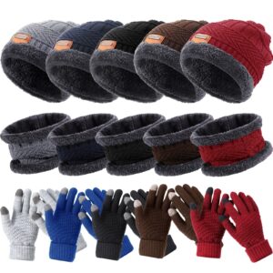 winter knit beanie hat neck warmer touchscreen gloves set fleece knitted caps circle loop scarf knitted gloves for men women (simple colors, 15 pieces)