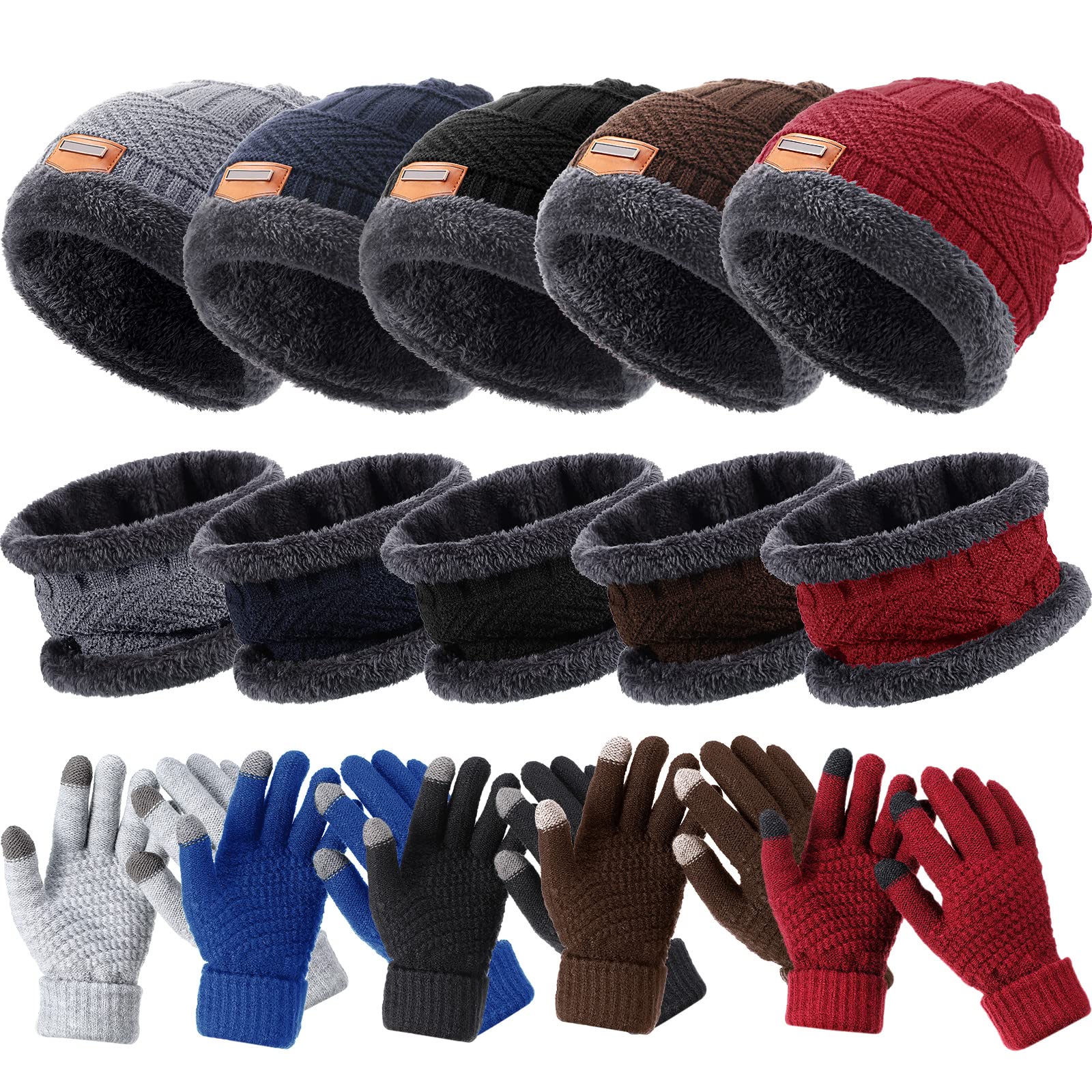 Winter Knit Beanie Hat Neck Warmer Touchscreen Gloves Set Fleece Knitted Caps Circle Loop Scarf Knitted Gloves for Men Women (Simple Colors, 15 Pieces)