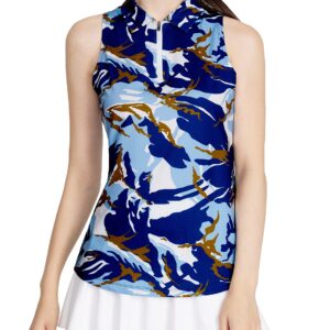 CQC Women's Sleeveless Golf Shirts Quick Dry Floral Athletic Polo with Collar Zip Up Lightweight Tennis Tank Tops Blue Camo XXL