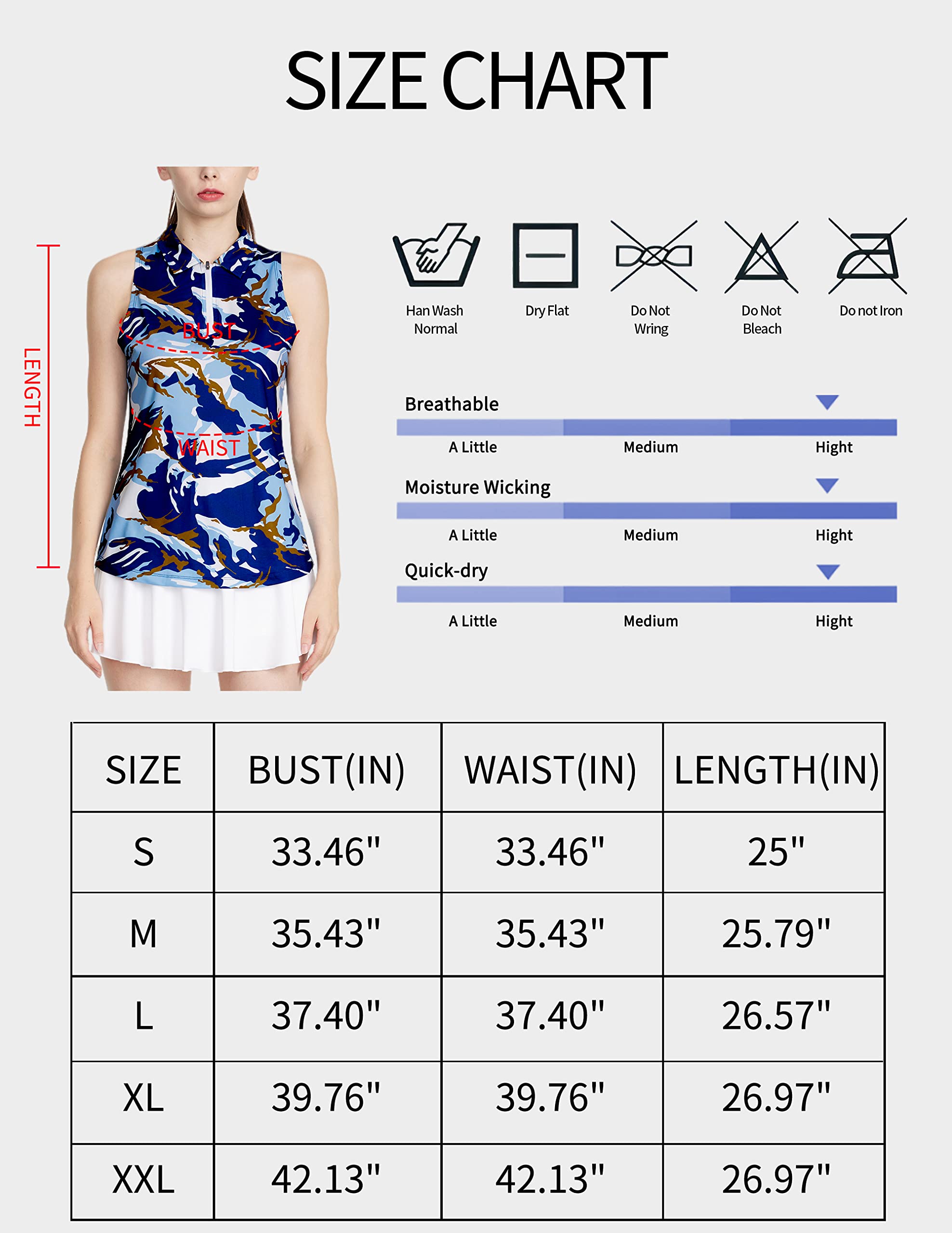 CQC Women's Sleeveless Golf Shirts Quick Dry Floral Athletic Polo with Collar Zip Up Lightweight Tennis Tank Tops Blue Camo XXL