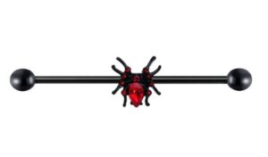 14g industrial black stainless steel barbell with spider & red gems - 14 gauge cartilage industrial ear piercing jewelry