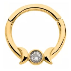 pierced owl 16ga 316l stainless steel triple moon phase with cz crystal center hinged segment ring (gold tone)