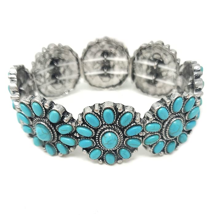 Emulily Western Concho Design Stretch Bracelet Navajo Squash Blossom (Turquoise)