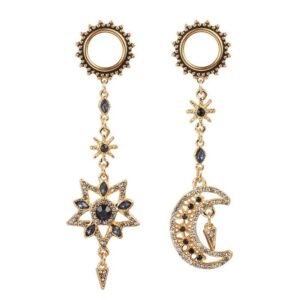 so scene gypsy star and moon dangle ear gauges ear plugs (22mm- 7/8 inch, gold)