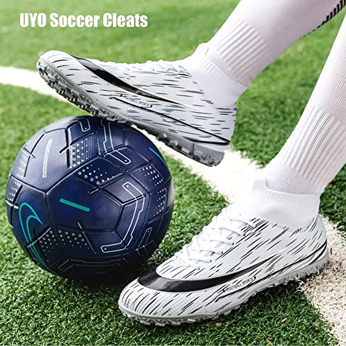 Soccer Shoes for Men High-Top Lace-Up Non-Slip Spikes Indoor Turf Futsal Football Cleats White EU 44 US 10.5