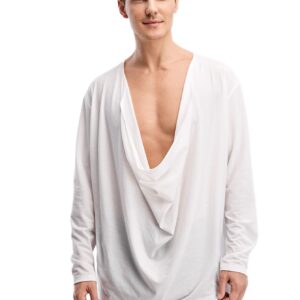 WDIRARA Men's Cowl Neck Draped Long Sleeve T Shirt Top Party Club Tops White S