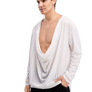 WDIRARA Men's Cowl Neck Draped Long Sleeve T Shirt Top Party Club Tops White S