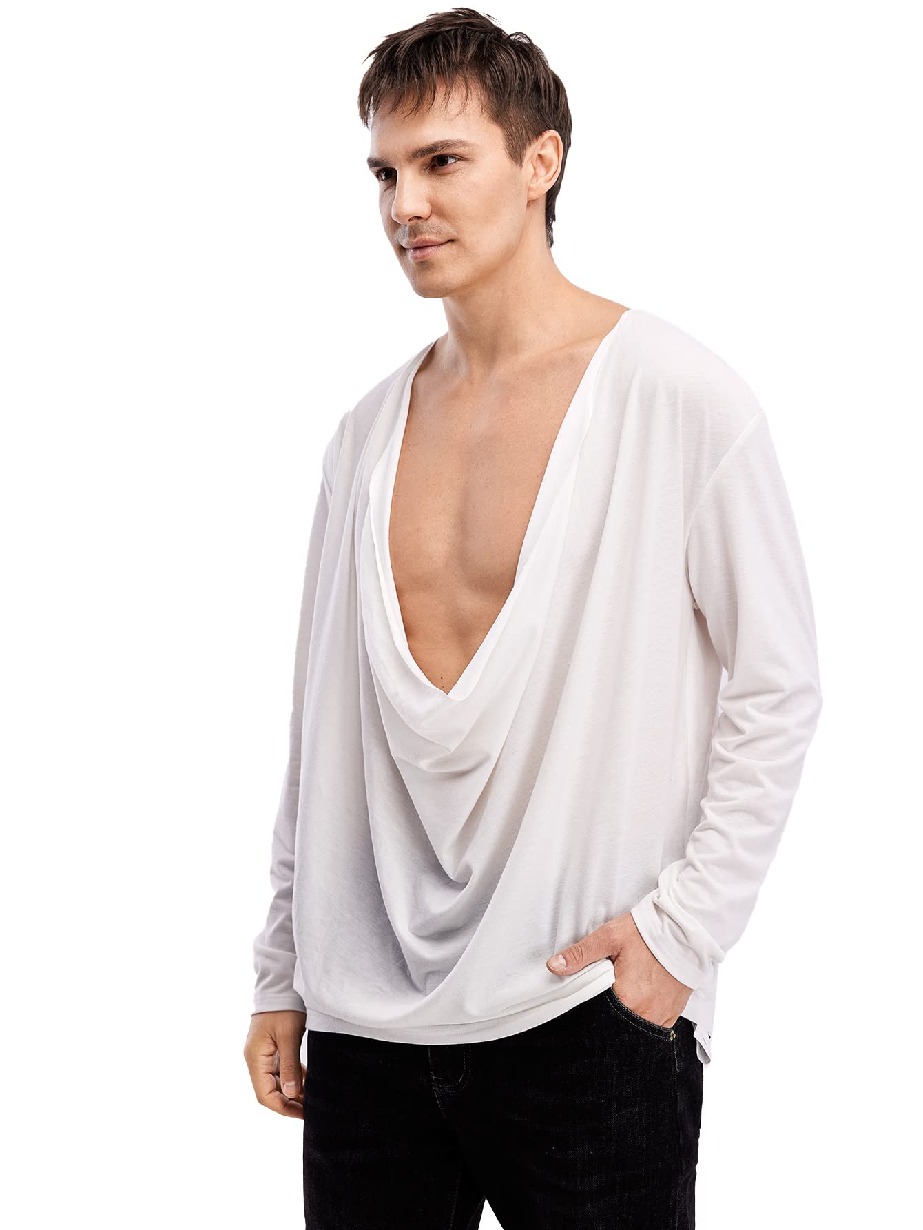 WDIRARA Men's Cowl Neck Draped Long Sleeve T Shirt Top Party Club Tops White S