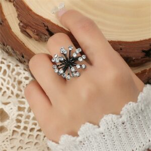 Rhinestone Dandelion Flower Ring for Women Adjustable Crystal Black Blossom Pistil Statement Ring Fashion Unique Jewelry Size 7-9