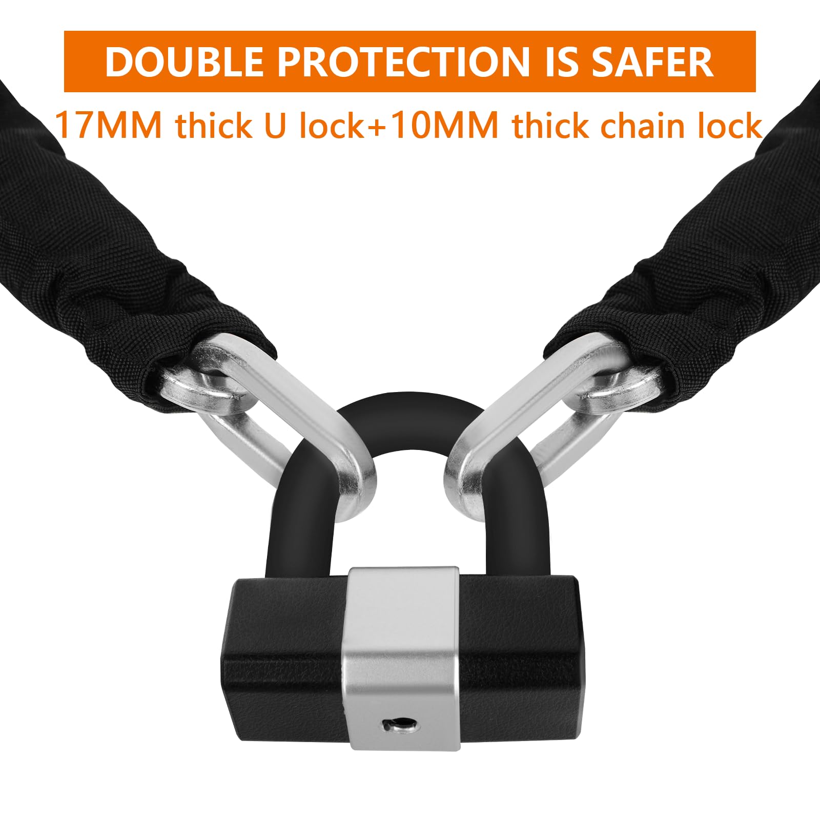 Heavy Duty Motorcycle Chain Lock 0.4In/10mm x 10 Ft with 17mm Thick Anti-Theft Cut Proof U-Lock and 3 Keys, Ideal for Motorcycle, Bikes, Generator, Gates, Scooter, Equipment