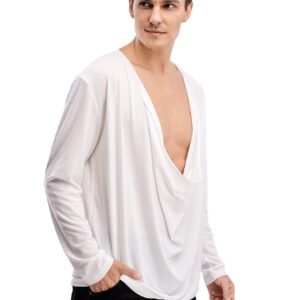 WDIRARA Men's Cowl Neck Draped Long Sleeve T Shirt Top Party Club Tops White S