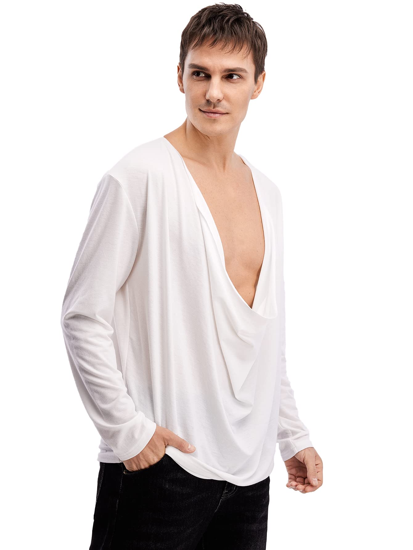 WDIRARA Men's Cowl Neck Draped Long Sleeve T Shirt Top Party Club Tops White S