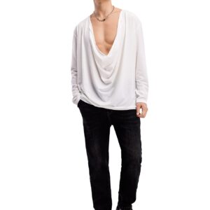 WDIRARA Men's Cowl Neck Draped Long Sleeve T Shirt Top Party Club Tops White S