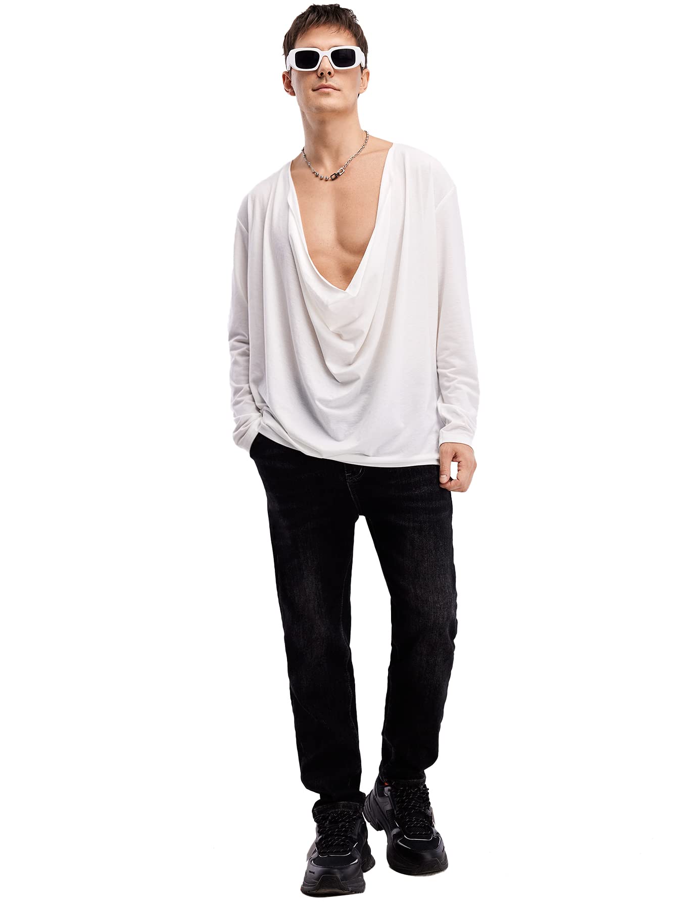 WDIRARA Men's Cowl Neck Draped Long Sleeve T Shirt Top Party Club Tops White S