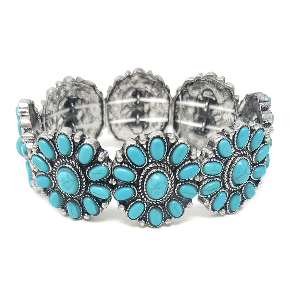 Emulily Western Concho Design Stretch Bracelet Navajo Squash Blossom (Turquoise)