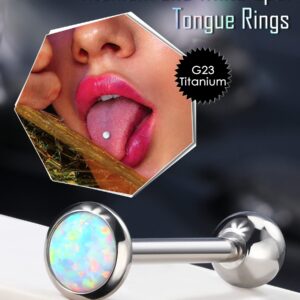 OUFER 14G Tongue Rings, G23 Solid Titanium Tongue Piercing Jewelry, White Opal Internally Threaded Tongue Ring, Tongue Rings for Women Men