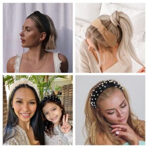 WOVOWOVO Headbands for Women Girls Knotted Wide Pearl head band Top Knot Head Bands for Women’s Hair Thick Headband Velvet HairBands 4Pcs