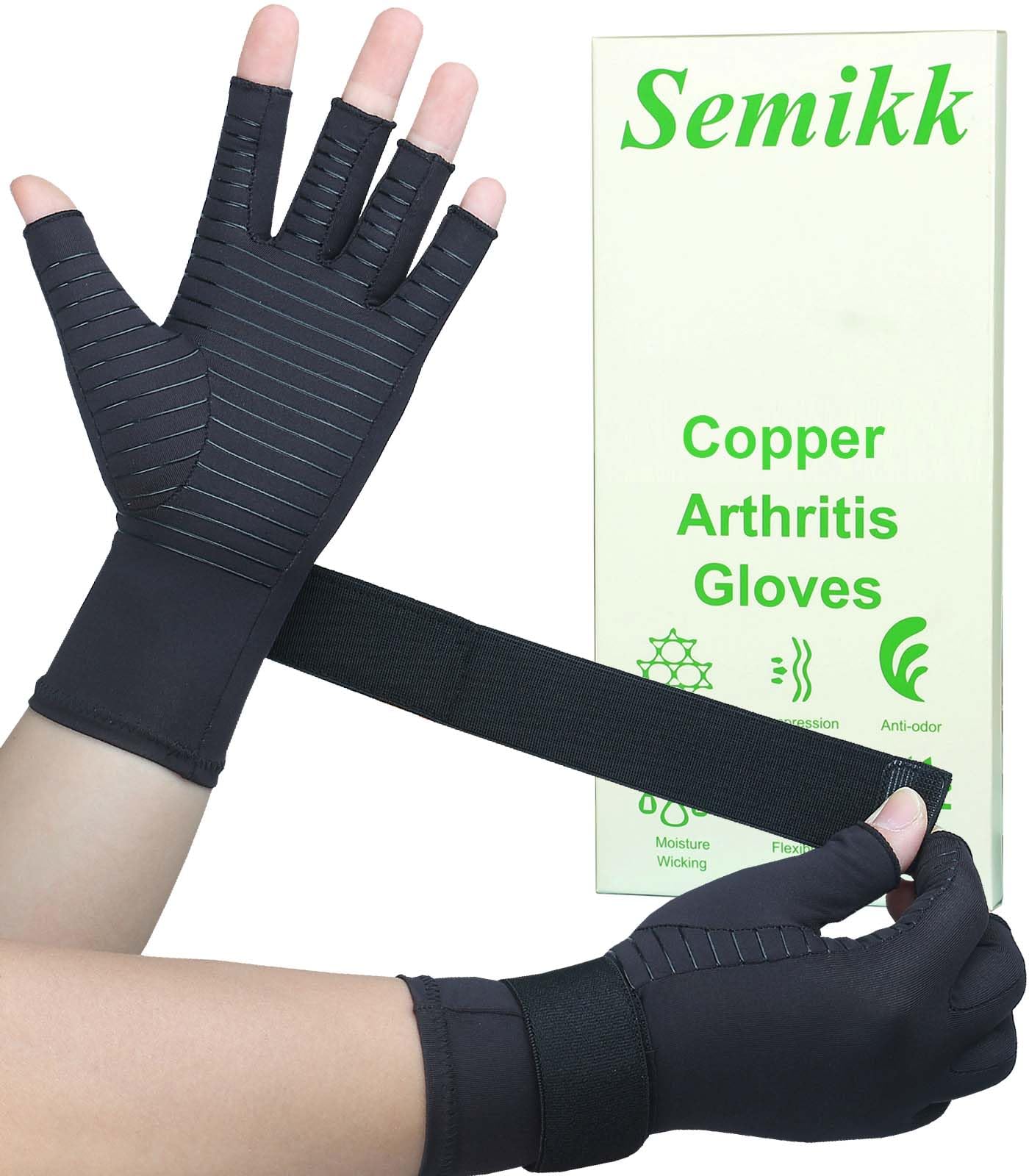 Semikk Copper Arthritis Gloves with Adjustable Wrist Strap for Women Men, Fingerless Compression Gloves for Arthritis, Carpal Tunnel, Pain Relief, Swelling, Rheumatoid, Typing (Large/X-Large)