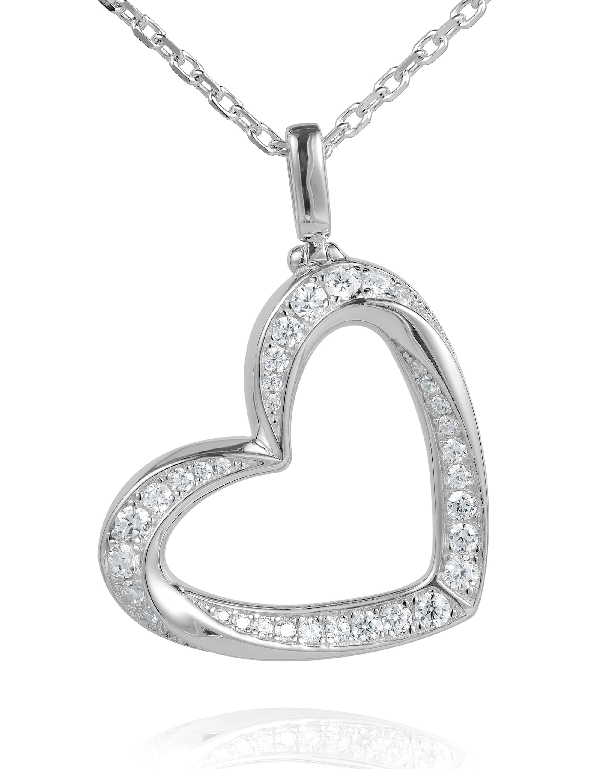 ILLUMIN Tender Tilted Heart Pendant Necklace for Women 925 Sterling Silver with Cubic Zirconia, Rhodium-Plated, 16-18 inch Adjustable Cable Chain