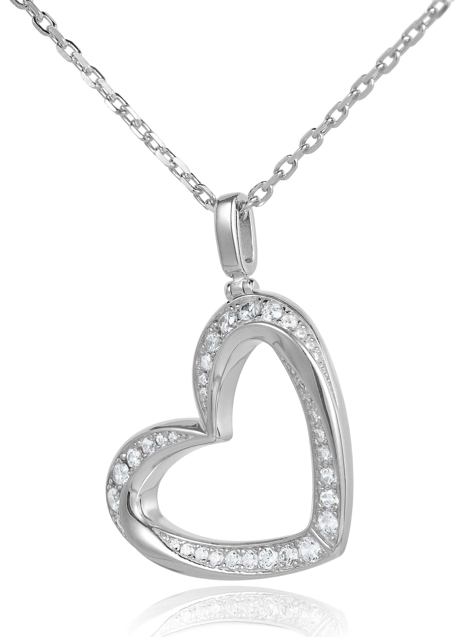 ILLUMIN Tender Tilted Heart Pendant Necklace for Women 925 Sterling Silver with Cubic Zirconia, Rhodium-Plated, 16-18 inch Adjustable Cable Chain