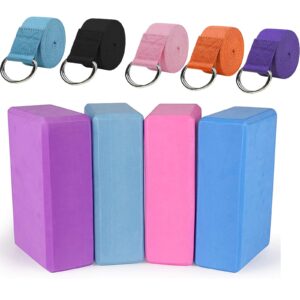 4 pack yoga blocks 9''x6''x3'' high density yoga brick foam blocks to improve strength+ 5 pack yoga strap (6ft) stretch band with metal d ring buckle loop