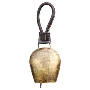 vivanta 5 inch cow bells noise makers , decorative bell for wall hanging , antique cow decor bells leather strap , vintage handmade lucky giant harmony bells for indoor and outdoor (religion theme om)