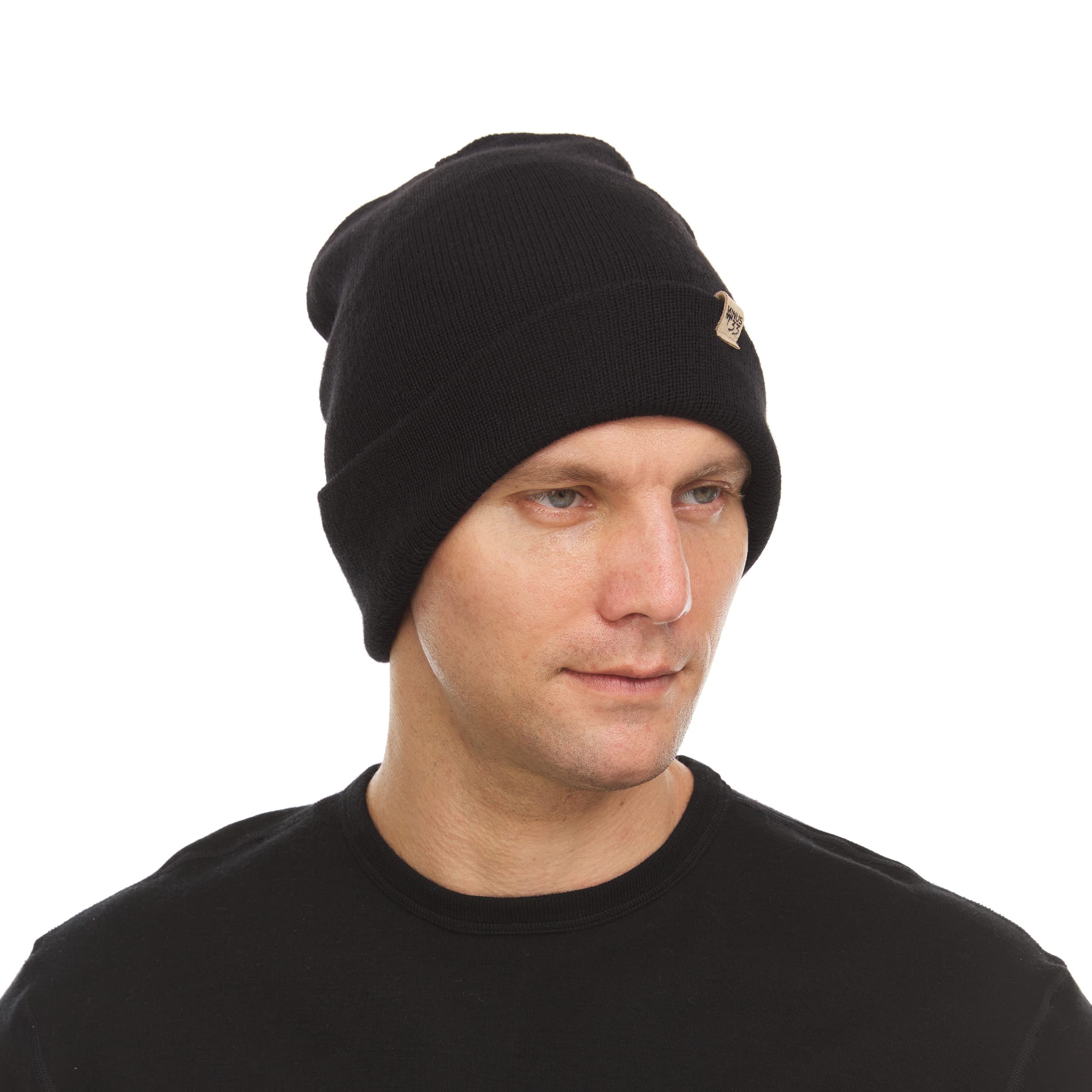 Minus33 Midweight Everyday Knit Cuff Beanie - 100% Merino Wool - Warm Winter Hat - Black