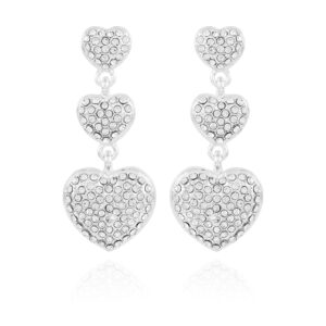 guess silvertone triple pave crystal glass stone heart linear dangle drop earrings