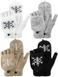 4 pairs women knitted winter fingerless gloves thermal convertible knit flip wool gloves warm half finger mittens for women (white, black, gray, khaki, snowflake style)