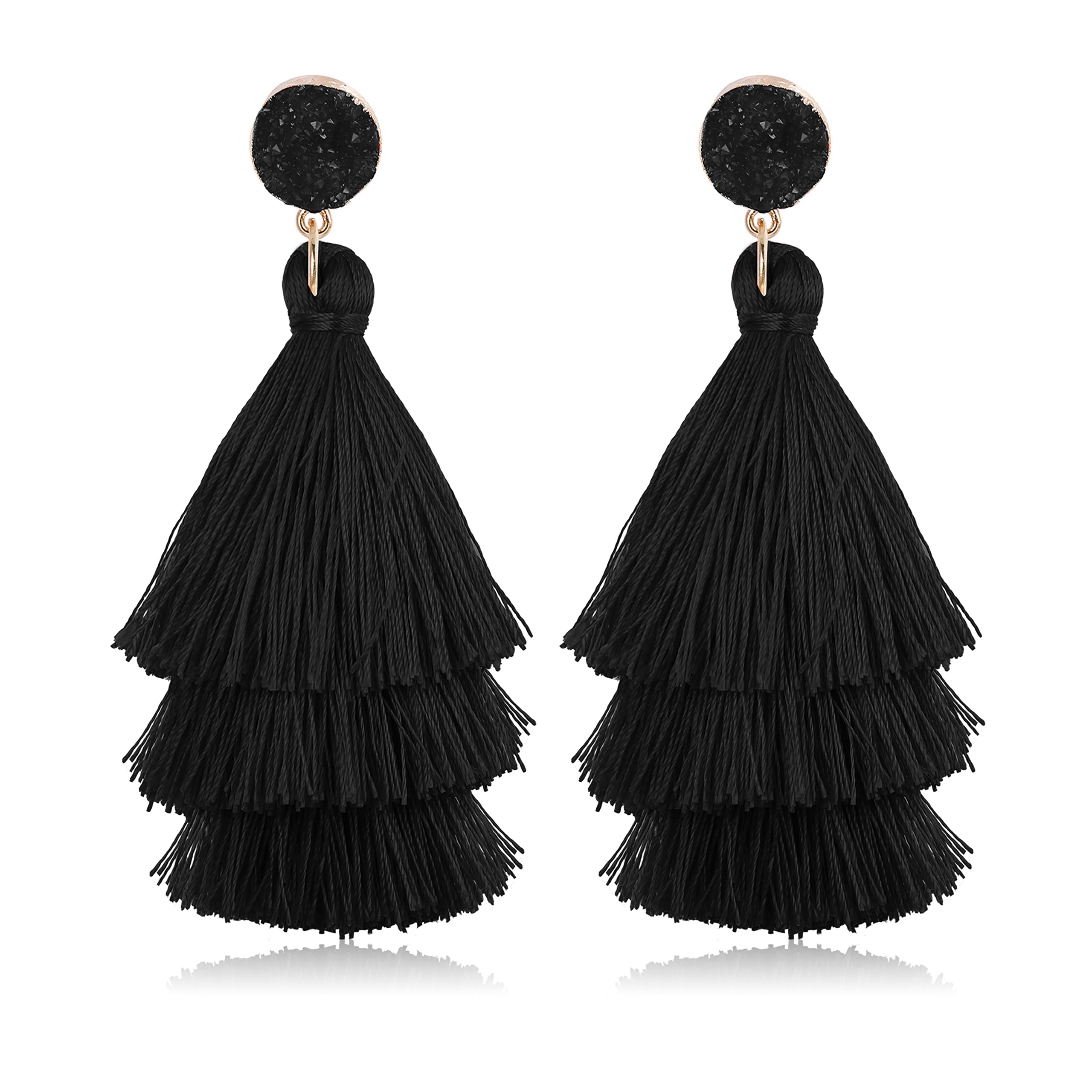 CASSIECA Tassel Statement Earrings for Women Clip On Drop Earrings Colorful Bohemian Tiered Tassel Druzy Dangle Drop Earrings Non Piercing Jewelry Birthday Christmas Valentines Day Gift